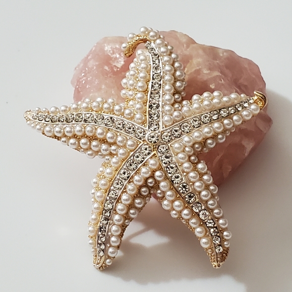 Jewelry | Starfish Brooch Super Sparkly Rhinestones Pearls New Big Gold ...